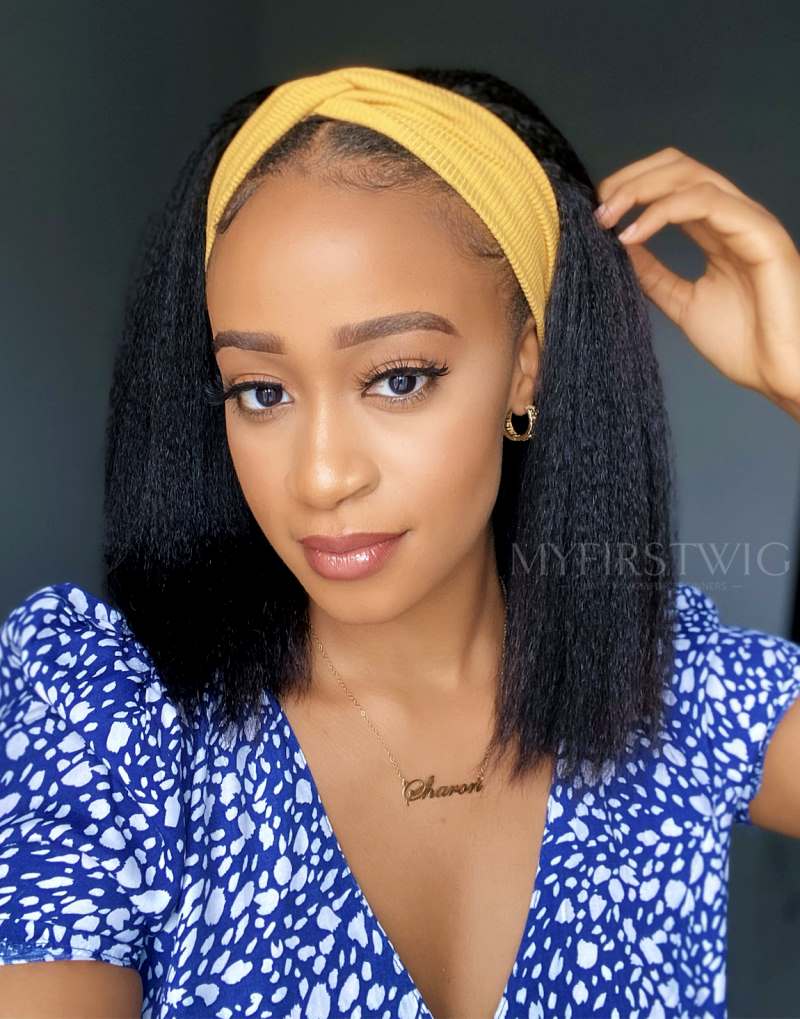 Kinky Straight Bob Drawstring Headband Wig Glueless Wig Put On Go - HB – MyFirstWig Sale Zone