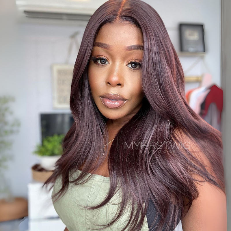 13x6 Middle Part Burgundy Yaki Straight Wig Undetectable Glueless Lace ...