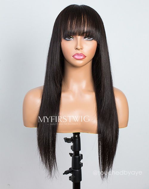 5x5 Closure Wig Straight Wig Bangs with Layers Glueless Human Hair 18 ...