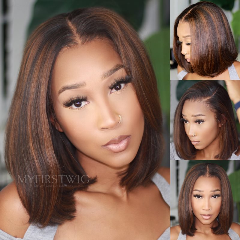 12 Inch Highlight Brown Bob Wig HD Lace Wear & Go Glueless Closure Wig ...