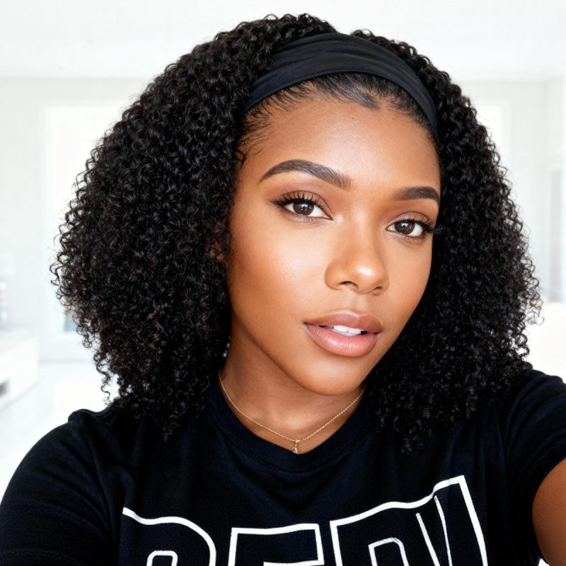 Natural Kinky Curly (3C-4A) Short Drawstring Headband Wig Glueless Put ...
