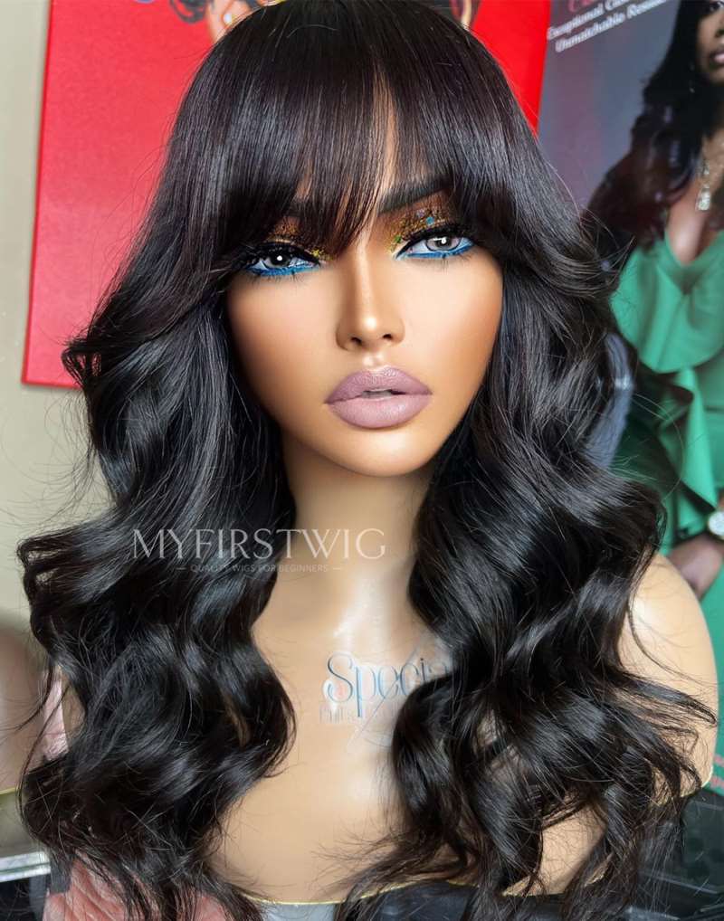 16-20" Soft Wavy Wig With Bangs Invisible Glueless 4x4" Closure Wig ...
